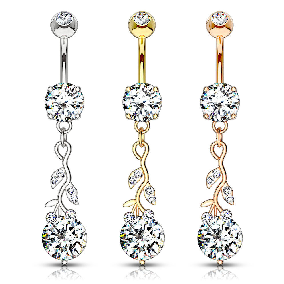 Livlig navlepiercing med grener og blader i anheng